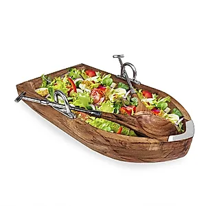 GUTE Rowboat Serving Bowl with a Pair of Wood Serving Utensils, Boat Salad Bowl approx. 16" L x 6" W x 5" H 50 fl. oz. Capacity (Wood with Oars)