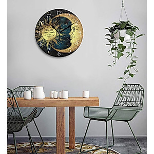 AHOMY Round Wall Clock Boho Sun and Moon Stars Home Art Decor Non-Ticking Numeral Clock for Home Office