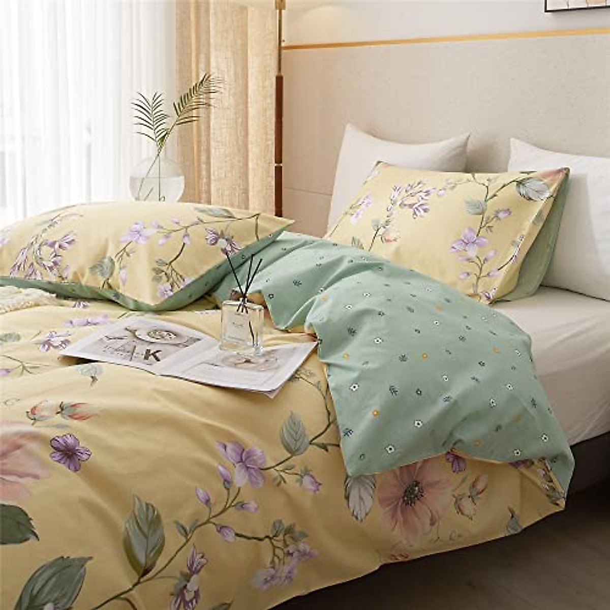 PinkMemory Queen Duvet Cover Yellow Garden Floral 100% Cotton,Reversible Yellow and Green Flower Pattern Bedding Duvet Cover Set Full Queen with Pillowcases Soft Durable Zipper-No Comforter Insert