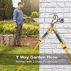 Brass Garden Hose Splitter 2 Way, All Body Metal Heavy Duty Water Splitter Y Way with 2 Hose Protectors Kink Free Hose Extension 6 Rubber Washers