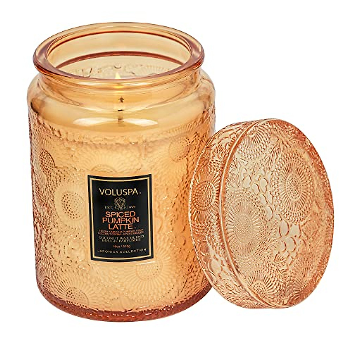 Voluspa Spiced Pumpkin Latte Candle | 18 Oz | Large Glass Jar with Glass Lid | All Natural Wicks and Coconut Wax for Clean Burning