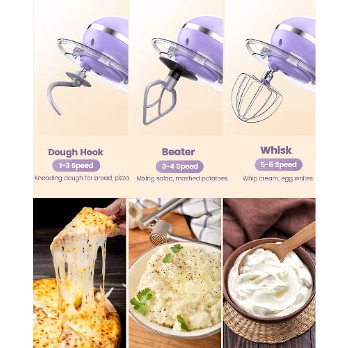 CHeflee Stand Mixer, 6 Quart, 600W 6+P Speed Household Electric Food Mixer with 6 Accessories for Dough, Cream, Cake, Kitchen Electric Mixer, Lavender