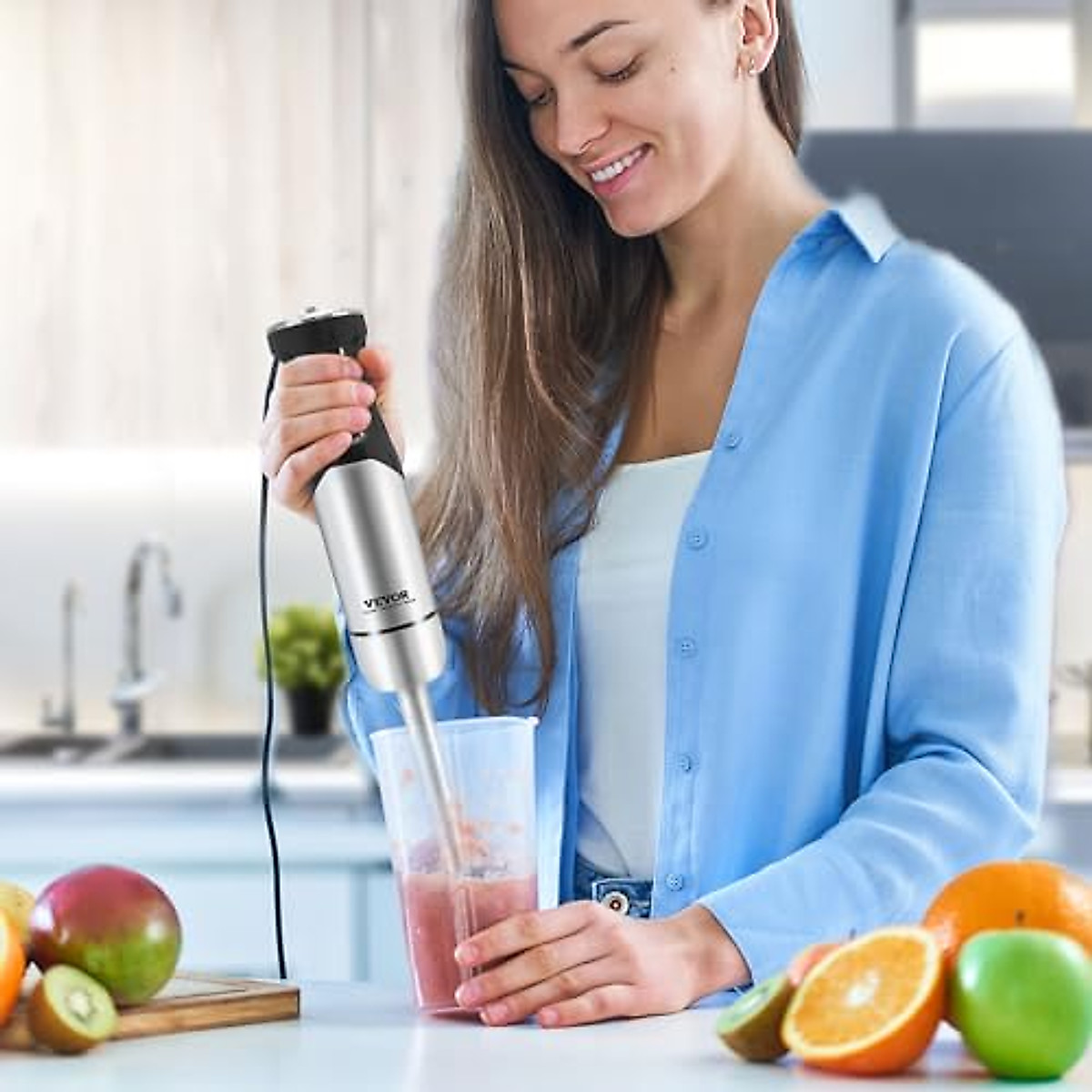 VEVOR Commercial Immersion Blender, 12-Speed Heavy Duty Immersion Blender, Stainless Steel Blade Copper Motor Hand Mixer, Portable Mixer with Measuring Cup, Whisk, Milk Frother, Silver