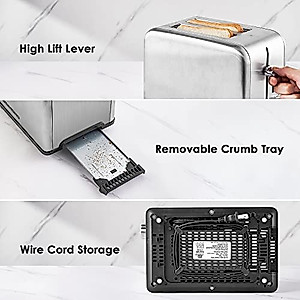 Toaster 2 Slice, REDMOND Stainless Steel Toaster with LED Countdown Timer Display, 1.5" Wide Slot Compact Toaster with Bagel/Defrost/Cancel Function, 6 Shade Control, Removable Crumb Tray, Silver
