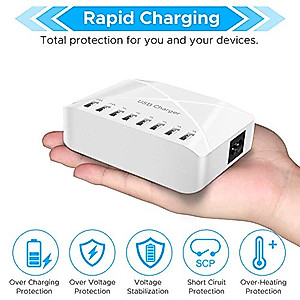 Ksing 8 Port USB Charging Station, 40W Home Desktop USB Fast Charger, Multiple USB Desktop Chargers, Suitable for Hotels, Shops, Schools, Shopping malls and Travel (UL Certification)（White）