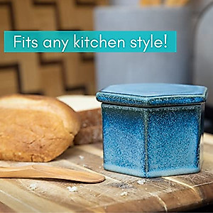 French Butter Crock w/Lid & Wood Spreading Knife - Blue Butter Keeper for Countertop - Modern Hexagon Shape Butter Keeper - Stoneware Butter Crock - Dishwasher, Oven & Microwave Safe Butter Storage