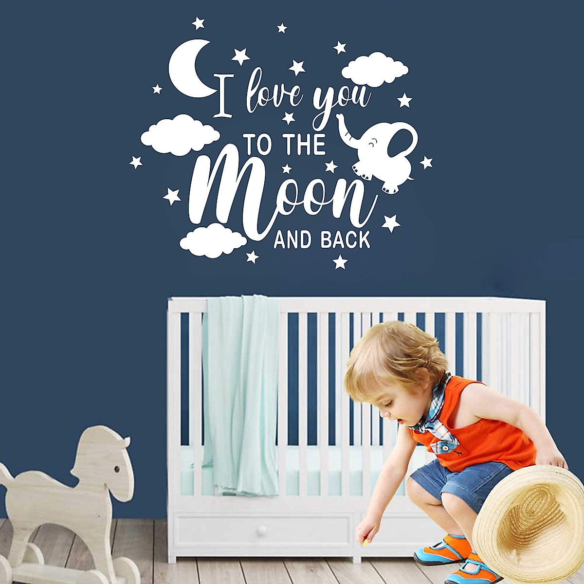DDK I Love You to The Moon and Back Elephant Baby Kids Wall Decals Moon Stars and Clouds Space Wall Art Decals (White)