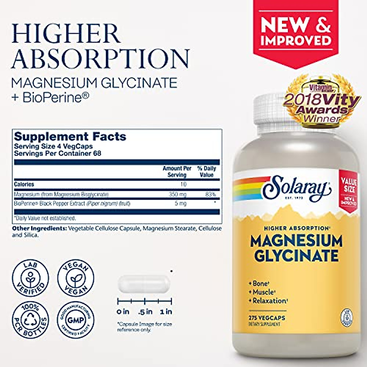 Solaray Magnesium Glycinate, New & Improved Fully Chelated Bisglycinate with BioPerine, High Absorption Formula, Stress, Bones, Muscle & Relaxation Support, 60 Day Guarantee, 68 Servings, 275 VegCaps