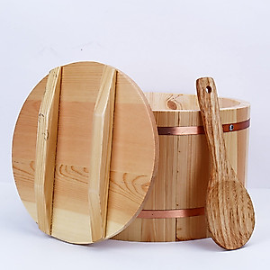 AIZYR Wooden Sushi Rice Bowl with Lid and Rice Scoop, Japanese Hangiri Sushi Oke Rice Mixing Tub for Sushi Restaurant Home Use,24cm