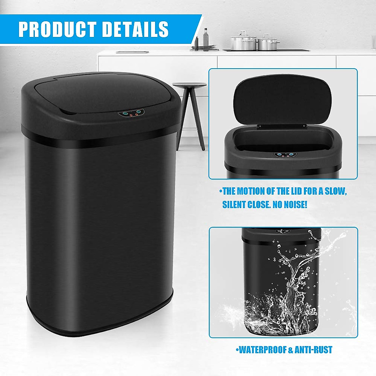 HGS 13 Gallons Trash Can Garbage Bin Stainless Steel Garbage Can Automatic Sensor Touch Free Waste Bins 50 L High-Capacity for Bathroom Bedroom Home Office, Black