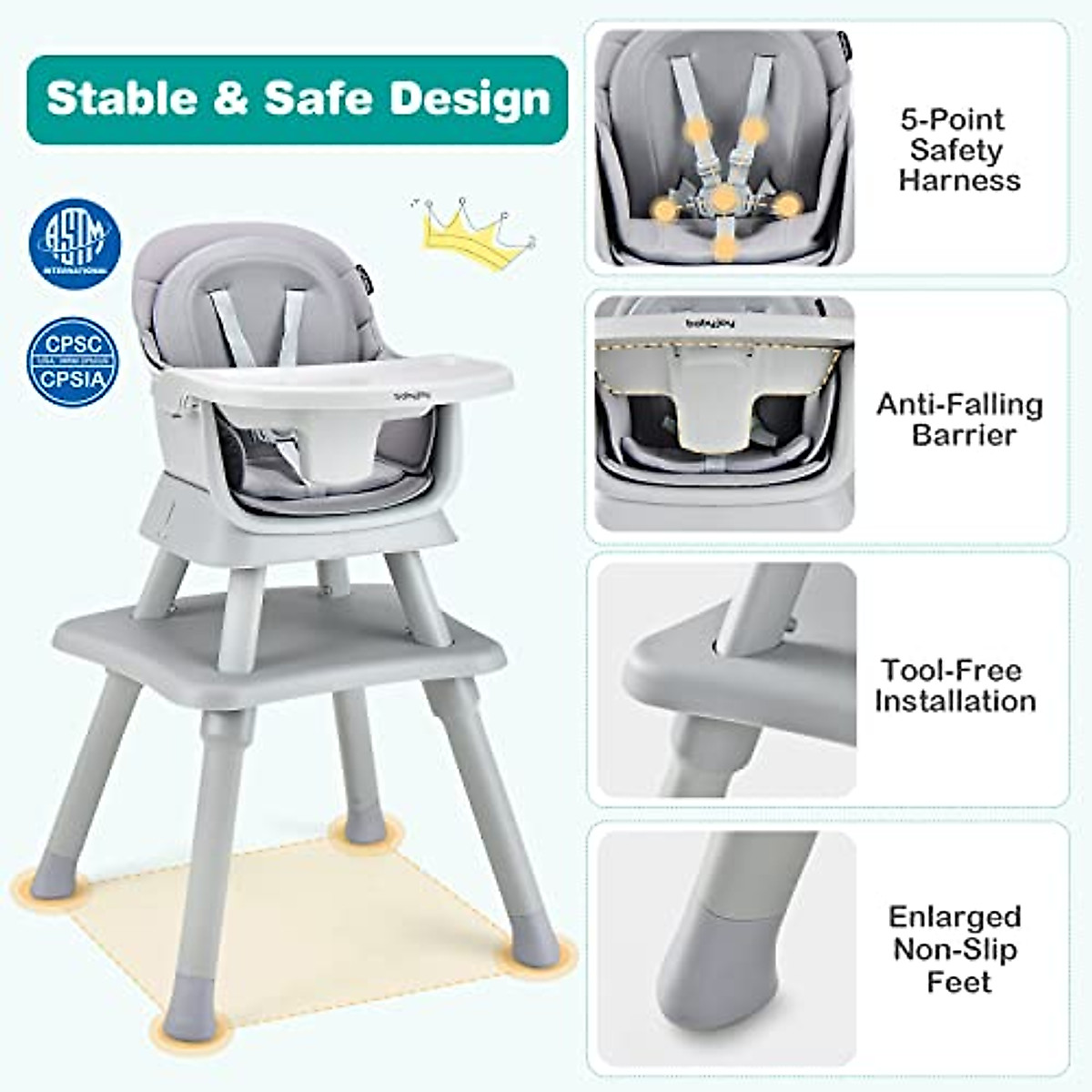 BABY JOY Baby High Chair, 8 in 1 Convertible Highchair for Babies & Toddlers | Booster Seat | Table and Chair Set | Building Block Table | Toddler Chair with Safety Harness, Removable Tray (Gray)