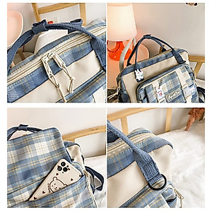 Kawaii Backpack with Plush Bear Pendant, Cute Plaided Japanese Ita Handbag Crossbody Shoulder Bag Aesthetic Tote Bag (Black)