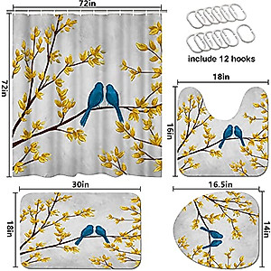 DuoBaorom 4 Pieces Set Tree Bird Shower Curtain Set Blue Love Birds on Yellow Tree Branch Picture Print on Non-Slip Rugs Toilet Lid Cover Bath Mat and Bathroom Curtain with 12 Hooks 72x72inch