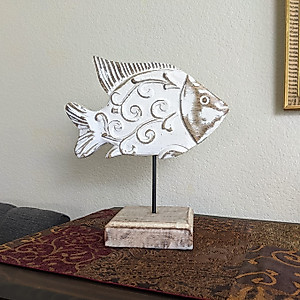 Wooden Fish Sculpture Home Decor | Handmade Beau Butter Fish Statue on Base Stand | Nautical Beach House Decor Rustic Centerpiece Table Decor for Office, Living Room (Beau Butter Fish)