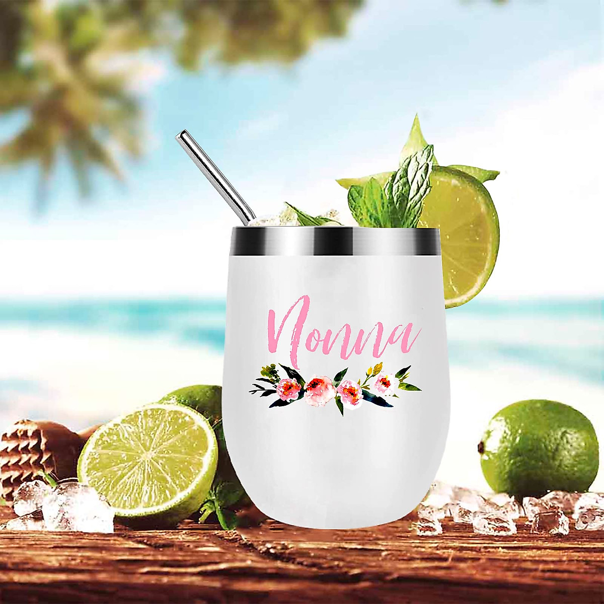 Waldeal Nonna Floral Wine Glass 12 oz, Double Wall Vacuum Insulated Travel Tumbler with Lid and Straw, Stainless Steel Stemless Coffee Cup for Women Grandma, White