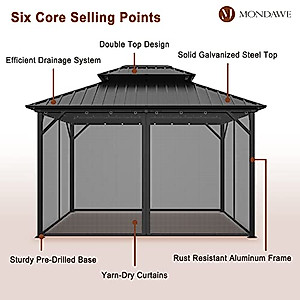 12' X 10' Aluminum Hardtop Gazebo with Nettings and Gutter Heavy Duty Outdoor Patio Double Roof Gazebo Pavilion Galvanized Steel Permanent Gazebo Canopy Grill Shelter for Backyard, Deck