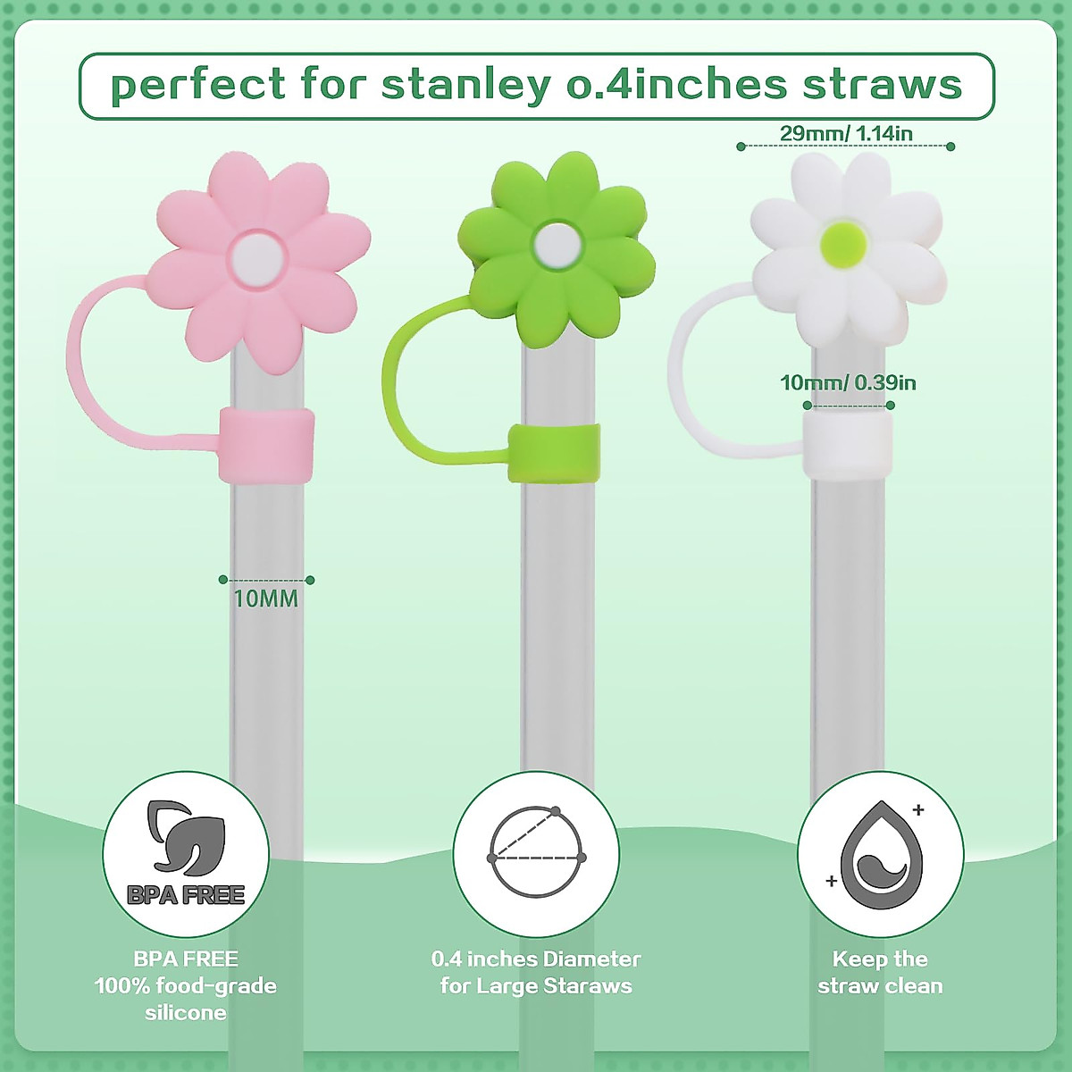 10pcs Flower Silicone Straw Covers Cap for Stanley Cup,Reusable Drinking Straw Covers Compatible for Stanley 30&40 Oz,Straw Toppers for Stanley Cups Accessories