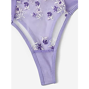 WDIRARA Women's Floral Embroidery Underwire 2 Piece Lingerie Set Mesh Bra and Panty Set Purple M
