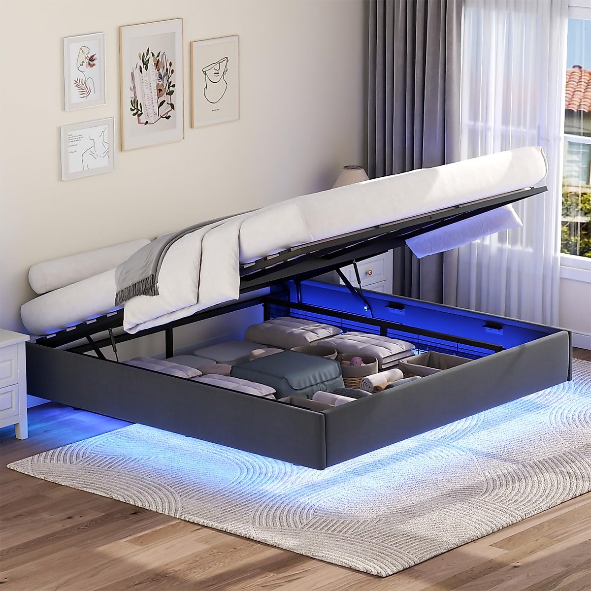 King Floating Lift Up Bed Frame with LED Light, Modern Metal Platform Bed Frame with Hydraulic Storage, Innovative Stable Structure&Wood Slats Support,No Box Spring Needed,Easy Assemble (King Size)
