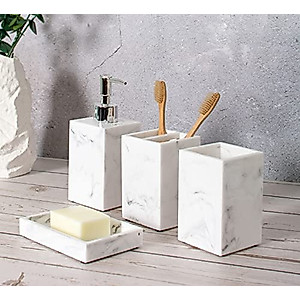 EdSanGa 4 PCs Bathroom Accessories Set, White Marble veining Bathroom Set, Made of Resin, Soap Dispenser, Toothbrush Holder, Bathroom Tumbler, Soap Dish