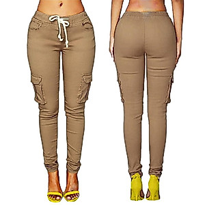 Andongnywell Womens Casual Stretch Drawstring Skinny Pants Cargo Jogger Pants High Waist Tie Butt Lift Pant with Pockets (White,XXX-Large)