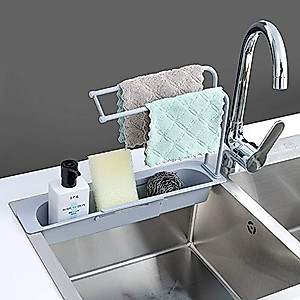 Telescopic Sink Holder,Expandable Storage Drain Basket Rack, Adjustable Expandable Sponge Soap Holder Drainer Sink Tray with Dishcloth Drying Rack for Home Kitchen Sink (Gray)