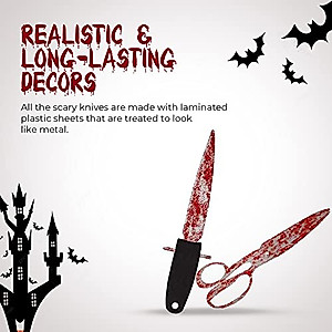 Boxgear 4-Pack Bloody Garland Banner - Fake Knives with Fake Blood Banner Halloween Decorations Outdoor - Includes Butcher Knife, Saw, Scissors, Weapons - Scary Halloween Party Decorations Supplies