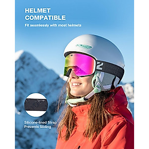 ZIONOR X11 Ski Snowboard Snow Goggles with Magnetic Interchangeable Cylindrical Lens Anti-fog UV Protection for Men Women Adult （VLT 15% Clear Rose Lens）