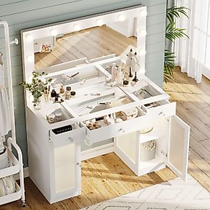 IFSEB Vanity Desk with Mirror and Lights, Glass Top Vanity with Lights & Power Outlet, Makeup Vanity Desk with Lights, White Vanity Table with 3 Color Lighting Modes, Dressing Table for Women, Girls
