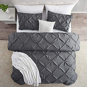 Nestl Grey Duvet Cover Queen Size - Pintuck Queen Duvet Cover Set, 3 Piece Double Brushed Duvet Covers with Button Closure, 1 Pinch Pleated Duvet Cover 90x90 inches and 2 Pillow Shams