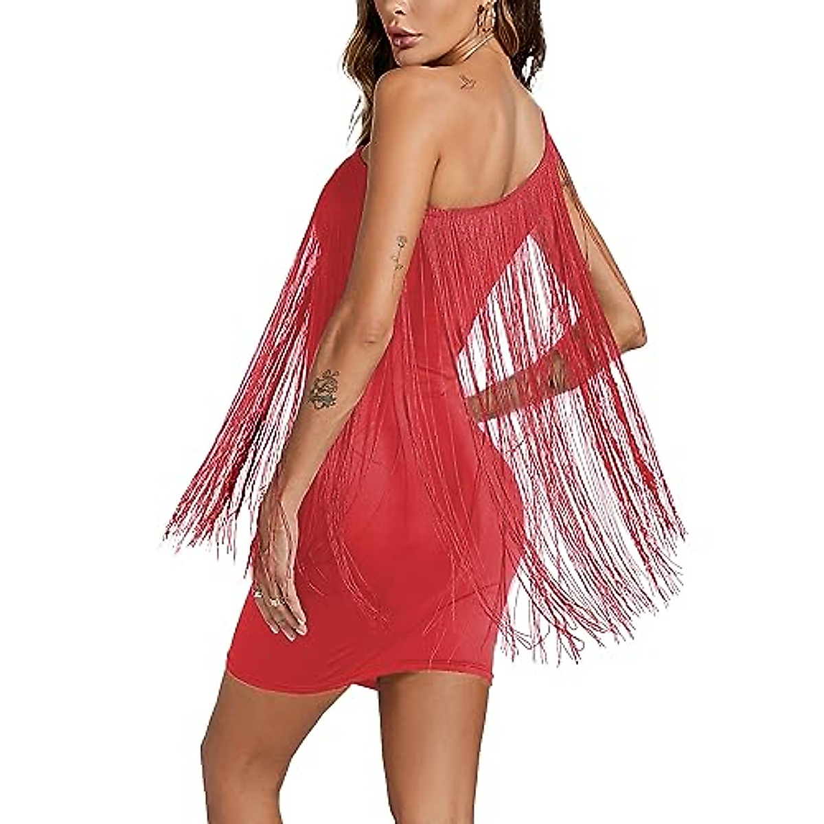 LYANER Women's Sexy One Shoulder Fringe 20s Sleeveless Bodycon Mini Short Dress Red Small