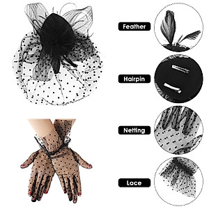 Yolev Fascinator Hat Faux Feather Mesh Veil Hat Short Lace Glove 50s Costume Accessories for Women Wedding (Spotted) Black