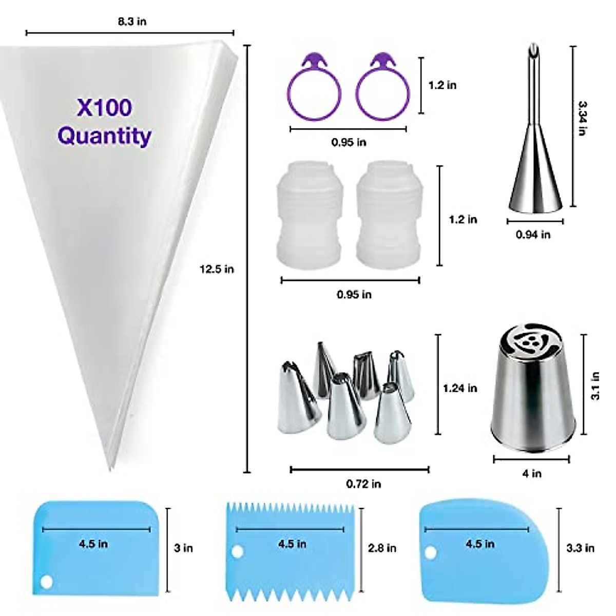119 Pieces Disposable Piping Bags and Tips Set 12 Inches - 100 Anti Burst Pastry Bags with 8 Nozzle Tips, 3 Bag Ties and 3 Cake Scrapers, icing piping kit, for Frosting and Cookie decorating & more