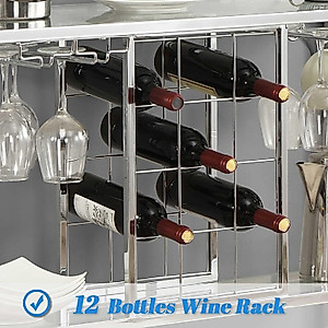 ASYA Wine Rack Table with Glass Holder, 3-Tier with Temered Glass Shelves, Modern Liquor Cabinet with Storage for Wine Bar, Living Room, Kitchen and Dining Room (Silver Finish)