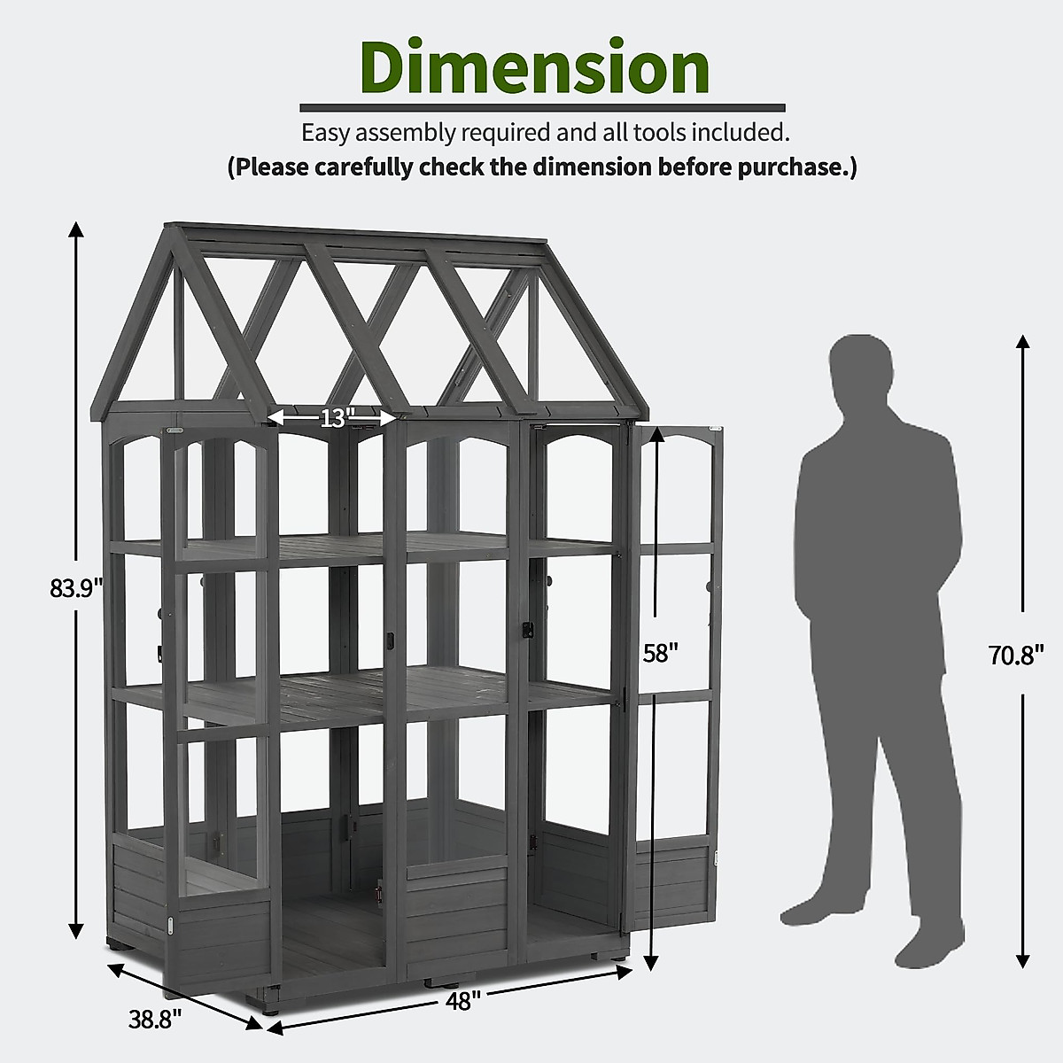 MCombo Wooden Greenhouse, Outdoor Greenhouse with Adjustable Roof Vent and 6 Lockable Door for Backyard/Outdoor Use, (48 x 38.8 x 83.9 Inches) 0851 (Dark Grey)