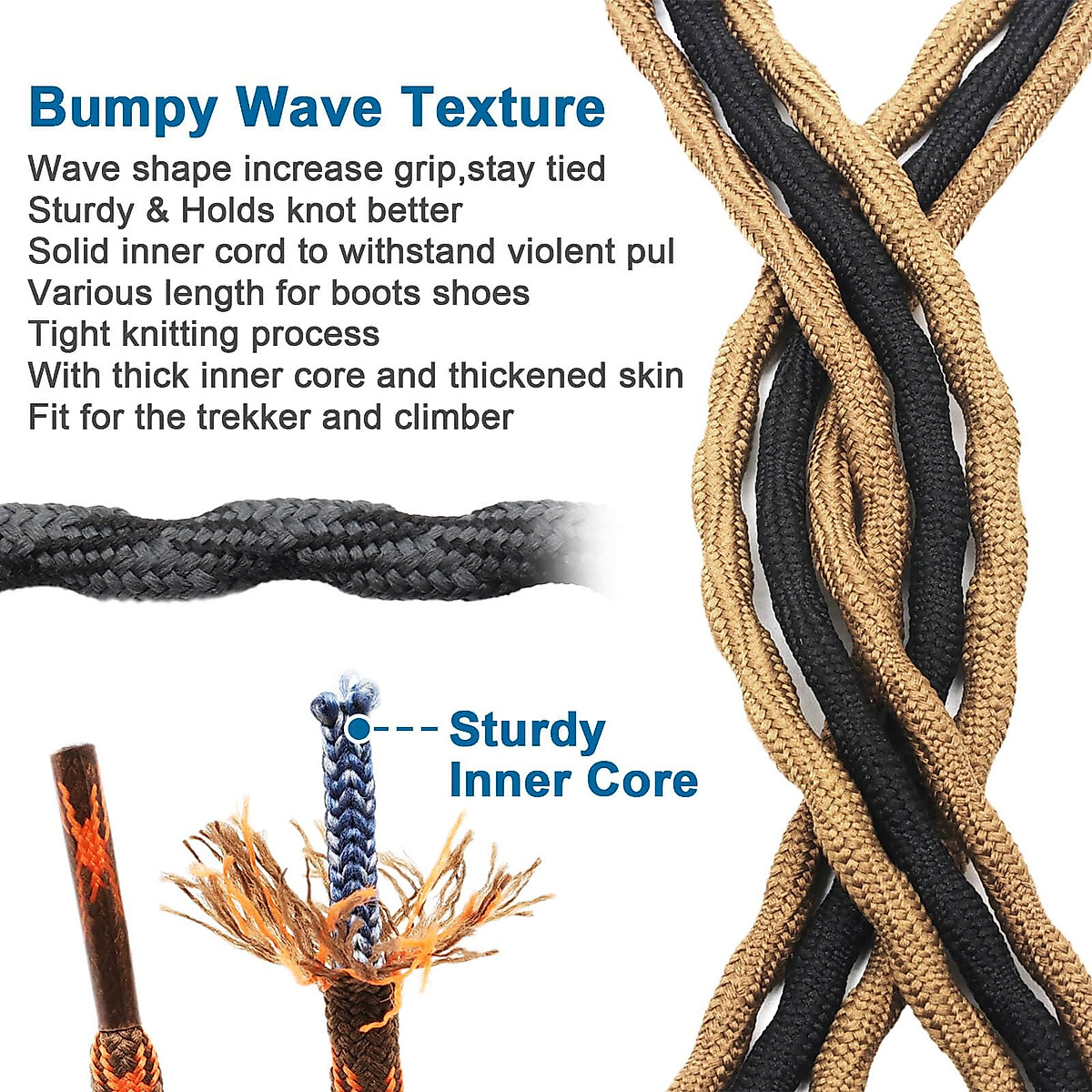 DELELE 2 Pair Round Wave Non Slip Outdoor Mountaineering Climbing Shoe Laces String Rope Blue&Black Hiking Shoelaces Men Women Shoestrings-55 inch