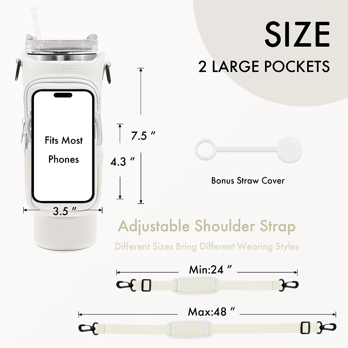 JEBEALUO Water Bottle Carrier Bag with Phone Pocket for Stanley Cup 40/30 oz, Water Bottle Holder with Adjustable Strap& Straw Cover, Stanley Cup Accessories (White)