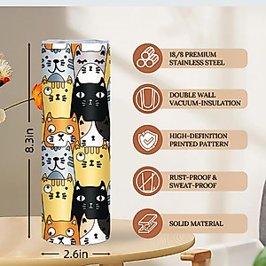 MoYueno Cat Mugs for Cat Lovers, Slim Kitty Tumbler with Lid & Straw & Brush, Kitty Coffee Mugs for Animal Lovers, Color Animal Tumbler 20 Oz