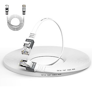 Cat 6a Ethernet Cable 50 Ft,Durable Flat Internet Network LAN Cable with 1.5Ft Short Patch Cord, Slim High Speed Gigabit Computer Wire with RJ45 Connectors, Faster Than Cat6/Cat5e/Cat5 Cable - White