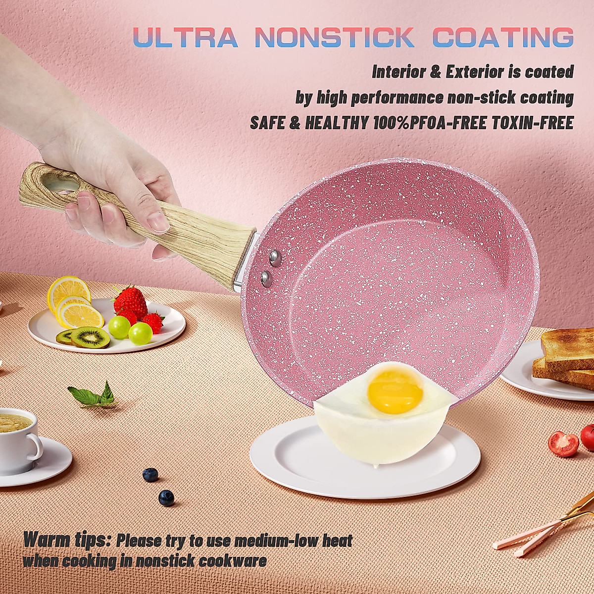 Nonstick Cookware Sets, 8 Piece Pots and Pans Set, Granite Stone Non Stick Frying Pan Set with Stay Cool Handles, Pink kitchen Sets 100% PFOA-Free, Toxin-Free, Induction Compatible