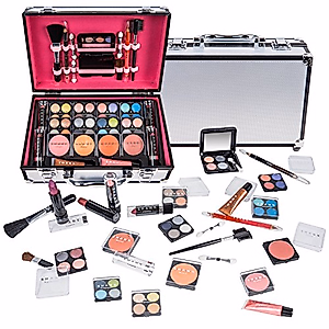 SHANY Carry All Makeup Train Case with Pro Teen Makeup Set, Makeup Brushes, Lipsticks, Eye Shadows, Blushes, and more - Silver