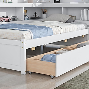 DNChuan L-Shaped Twin Size Daybed with Bookcase Headboard,Captains Corner Bed with Storage Drawers,Wooden Slat Support No Box Spring Needed,White