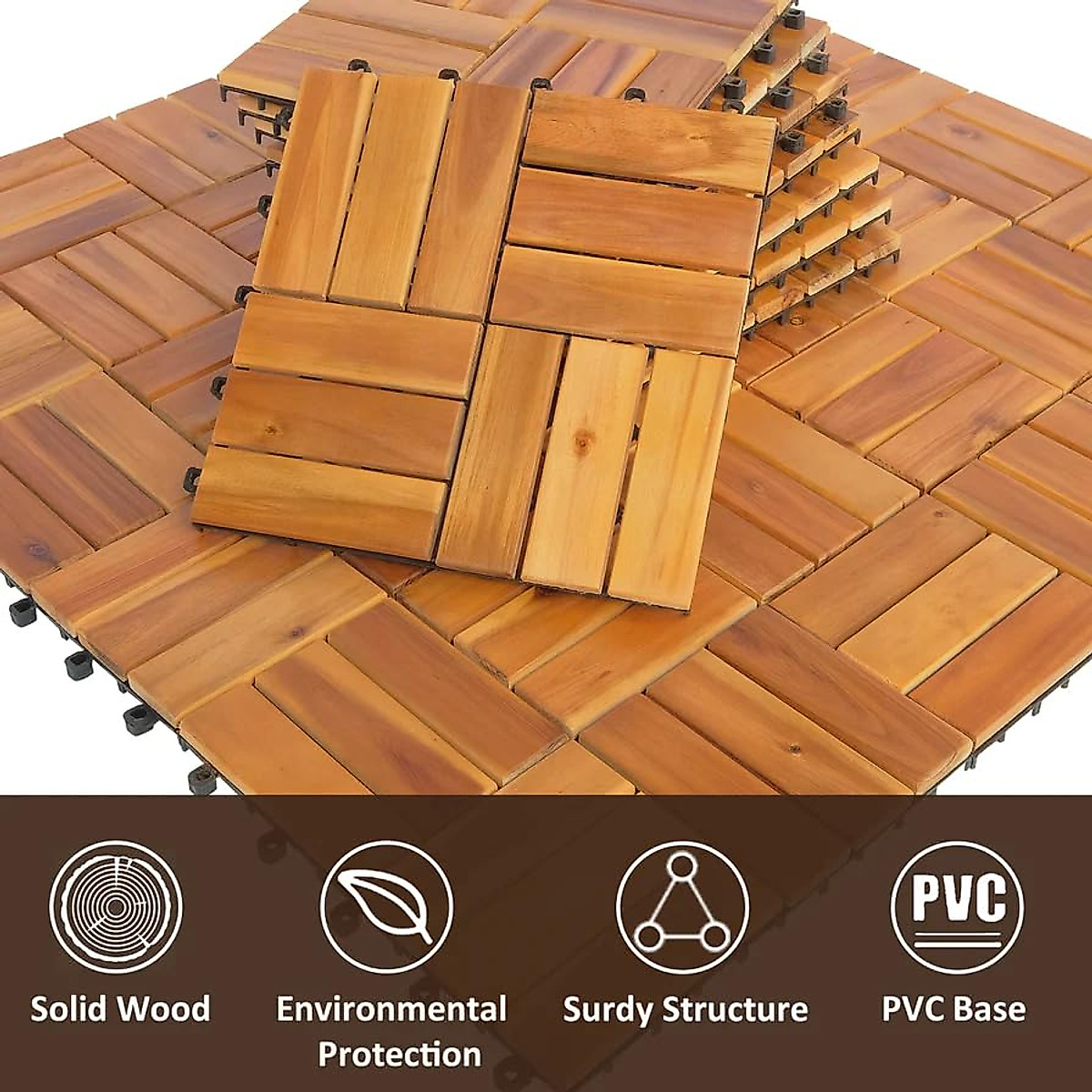 12 Slats Style, Pack of 9 Pieces, Premium Wood(Not Softwood Fir/Pine) Interlocking Deck Tiles, Patio Pavers Floor, Flooring, Decor, D.I.Y, Decking, Wholesales, 8.72 Square Feet, Brown(Sale Off 3 Days)