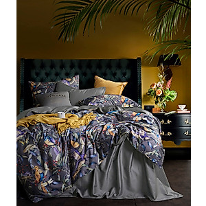 Eikei Home Chinoiserie Chic Peacock Floral Duvet Cover Paradise Garden Botanical Bird and Tree Branches Vintage Stylized Long Staple Cotton Bedding Set (Gray, Queen)