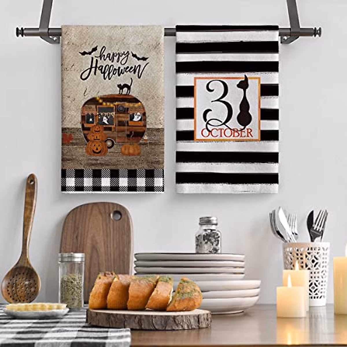 Artoid Mode Stripes 31 October Happy Halloween Ghost Pumpkins Trailer Kitchen Towels Dish Towels, 18 x 26 Inch Hand Towel Bathroom Gift Set of 2