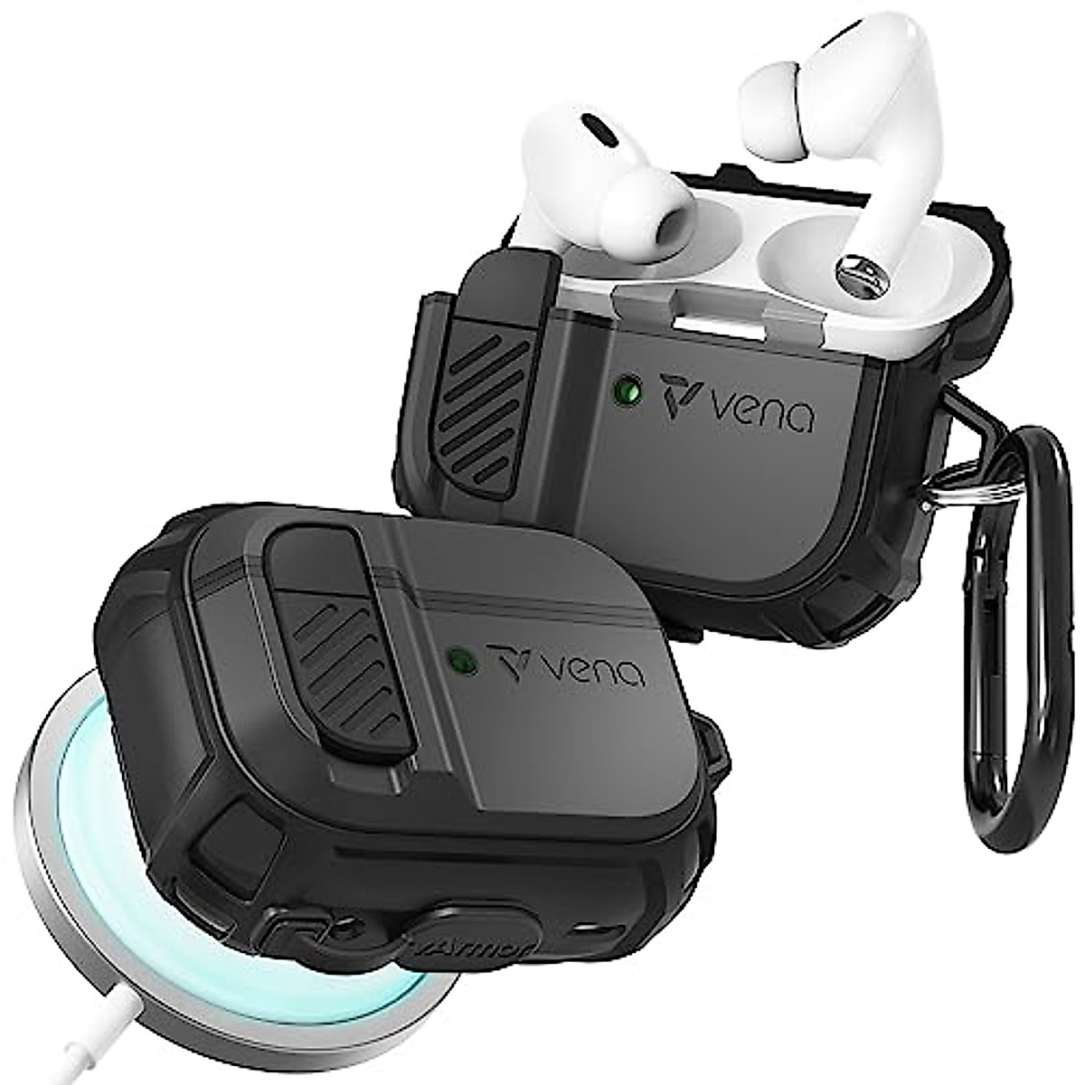 VENA vArmor Rugged Case for Apple AirPods Pro 2, (Secure Lock Mechanism) Heavy Duty Full Body Shockproof Protection Cover with Carabiner for AirPods Pro 2nd Generation 2022 - Graphite Gray/Black