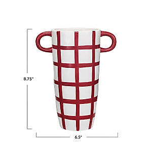 Creative Co-Op Hand-Painted Stoneware Container with Grid Pattern and Handles, Red and White