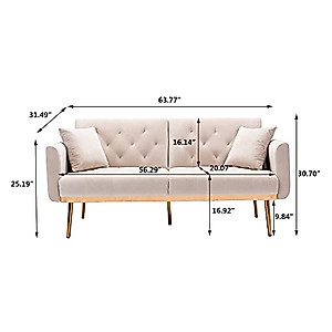 Woanke, Mid Century Velvet Fabric, Modern Folding, Convertible Futon Bed, Recliner Couch Accent Loveseat Sofa with Rose Gold Metal Feet, Beige