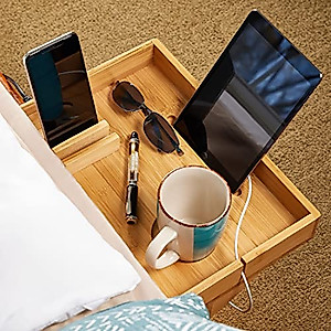 House Ur Home Bamboo Bedside Shelf for Bed, Dorm Bed Shelf fits a Laptop, Books, and Drink, Removeable Bedside Tray with USB Ports to Charge Devices, Versatile bunk Bed Shelf for Small Spaces & loft
