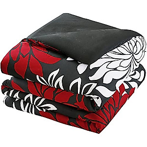 Comfort Spaces Enya Comforter Set-Modern Floral Design All Season Down Alternative Bedding, Matching Shams, Bedskirt, Decorative Pillows, Queen(90"x90"), Red/Black